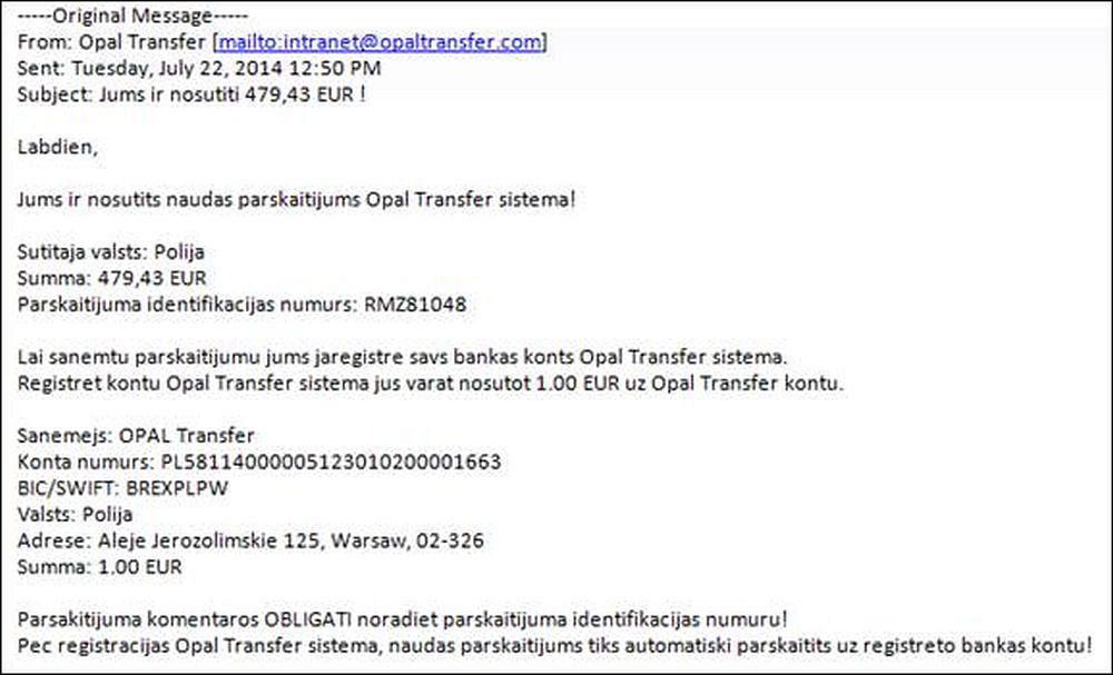 Papildināta - Brīdina par krāpnieku epastiem ar aicinājumu reģistrēt kontu Opal Transfer ...